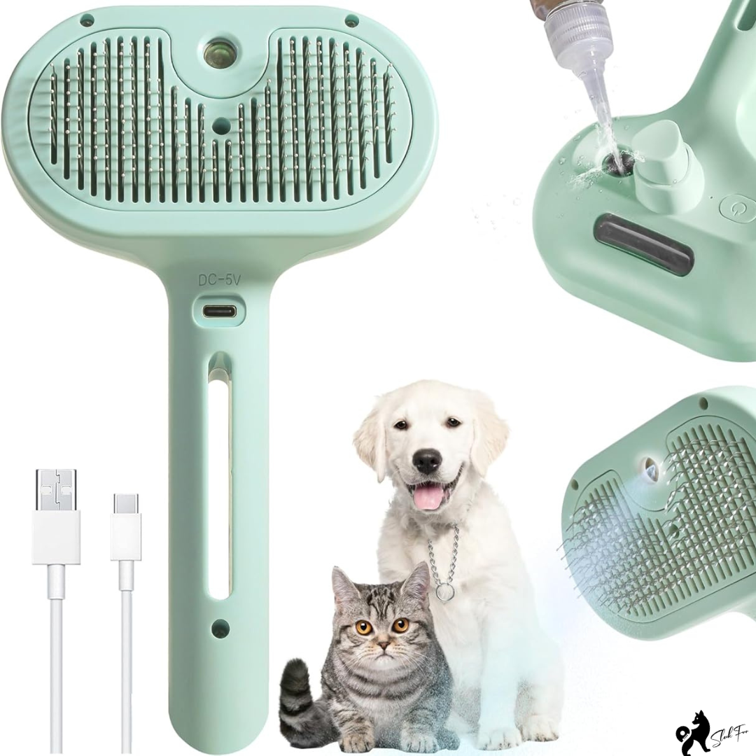 SleekFur Pet Steam Brush with Release Button Self Clean and Spray Mist ...